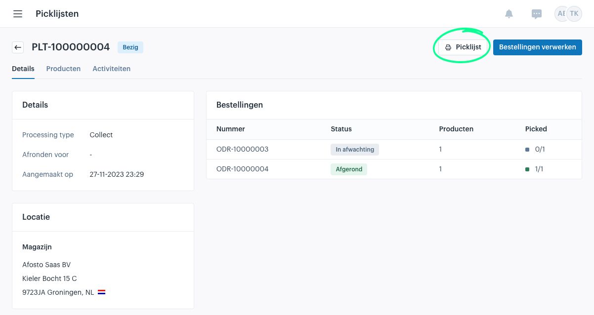 Picklijst PDF printen | Afosto Docs