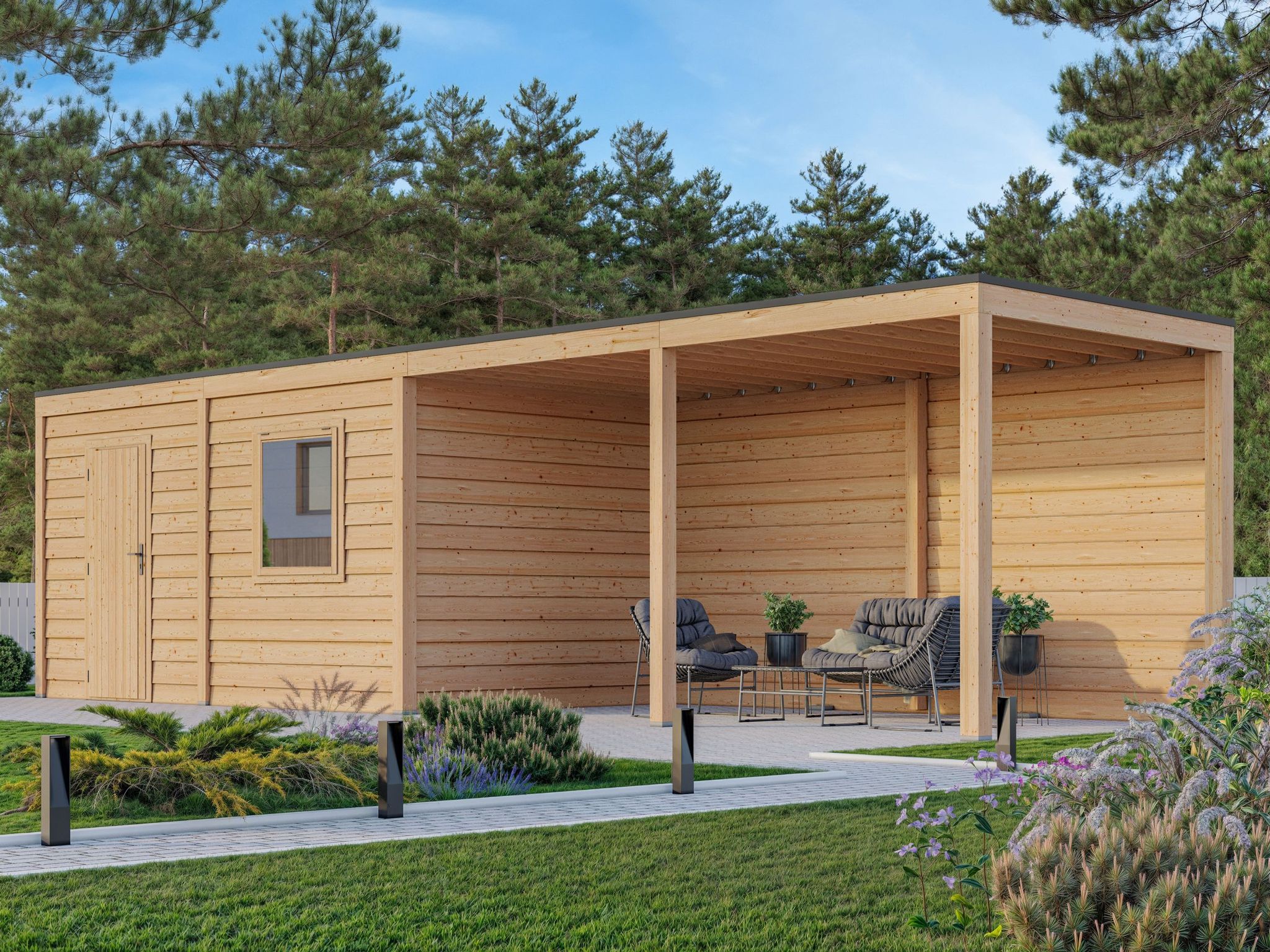 WoodAcademy tuinhuis met overkapping Nefriet Essential 1180x300 cm ...