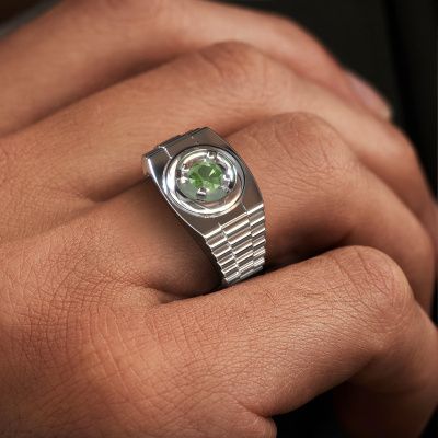 Solid platinum rolex style ring Edward with tourmaline green|-30%