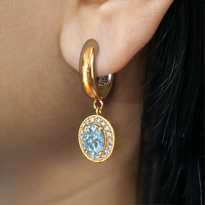 Halo Halo Annett oorhangers goud met 7x5 mm blauwe lab grown diamant ...