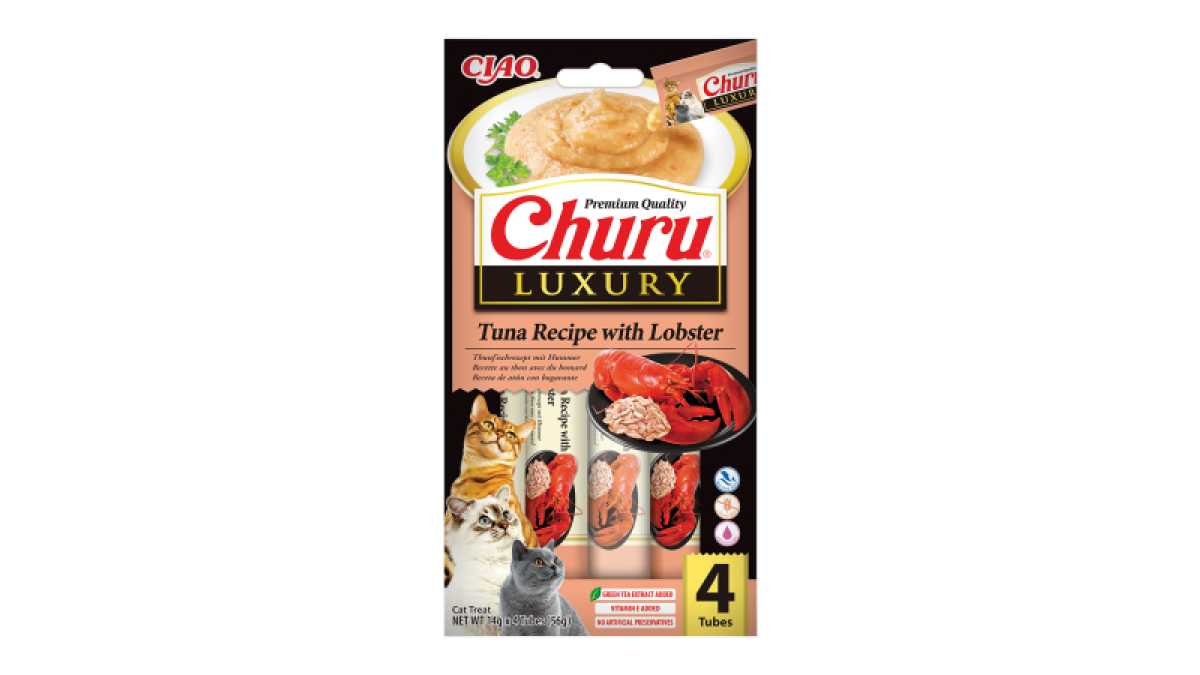 Churu Luxury, Recompensa Cremoasa Pisici, Ton si Homar, 14 g x 4 buc: 15,43 lei - PetMart PetShop